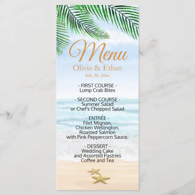 Tropical Beach, Ocean, Starfish Menu | Zazzle