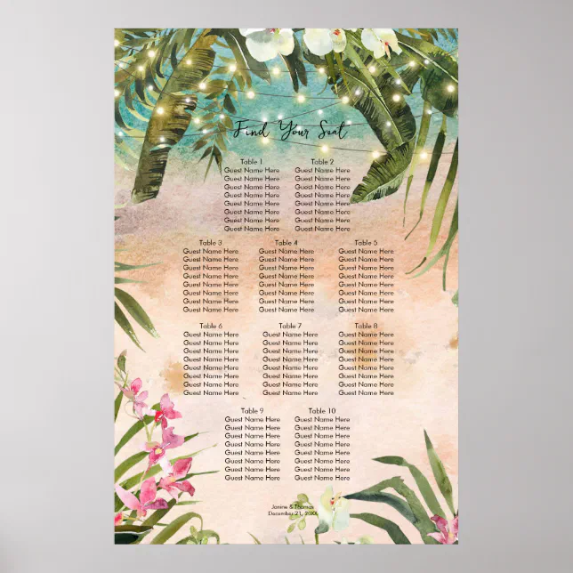 tropical beach orchid floral wedding seating chart | Zazzle