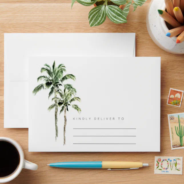 Tropical Beach Palm Trees Wedding Address Envelope | Zazzle