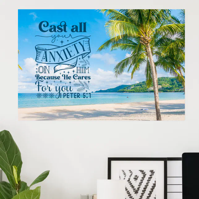 Tropical Beach Scenery, 1 Peter 5:7 Bible Verse Poster | Zazzle