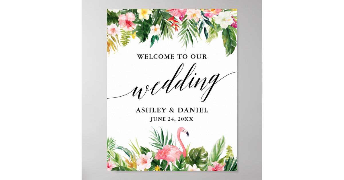 Tropical Flamingo Calligraphy Wedding Welcome Poster | Zazzle