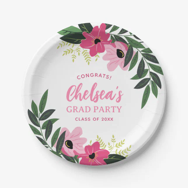 Tropical Floral Personalised Grad Party Paper Plate | Zazzle