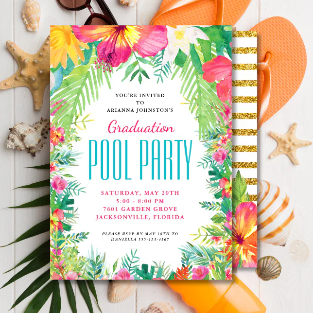Tropical Floral Swimming Pool Party Graduation Invitation | Zazzle