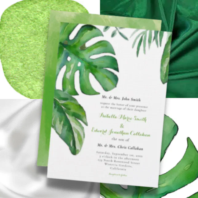 Tropical Green Watercolor Monstera Leaves Wedding Invitation | Zazzle