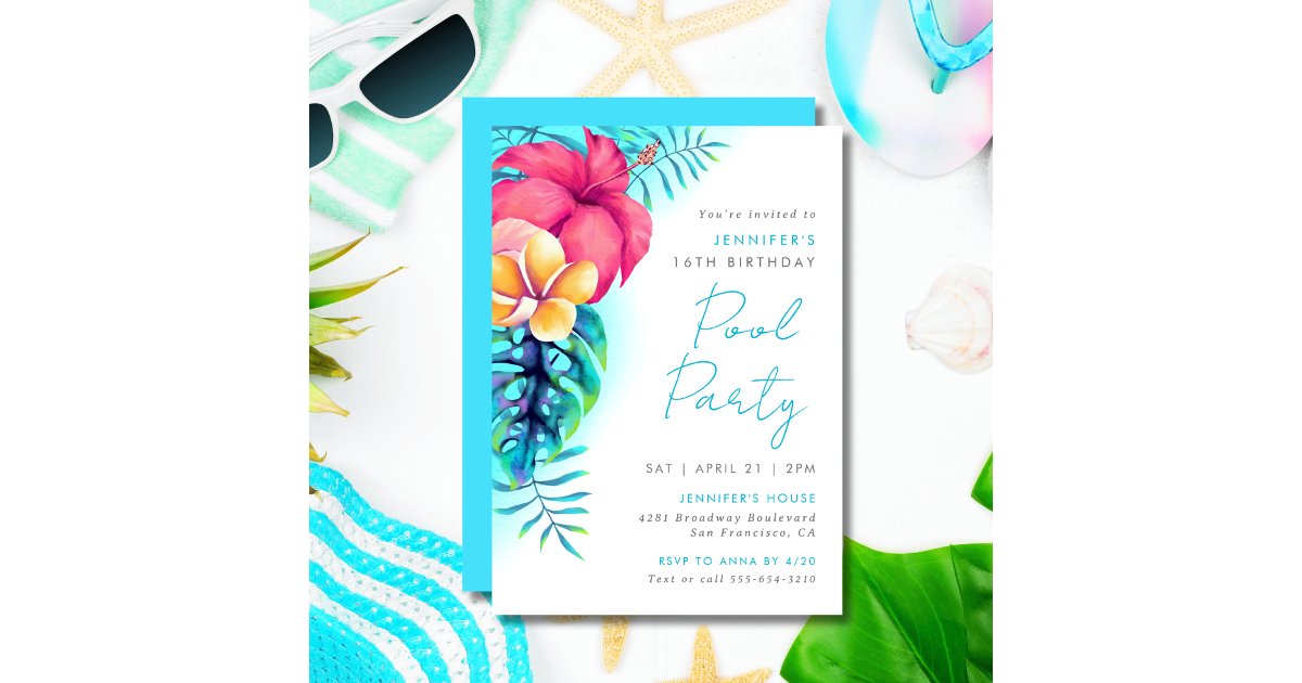 Tropical Island Flowers Pool Party Birthday Aqua Invitation | Zazzle