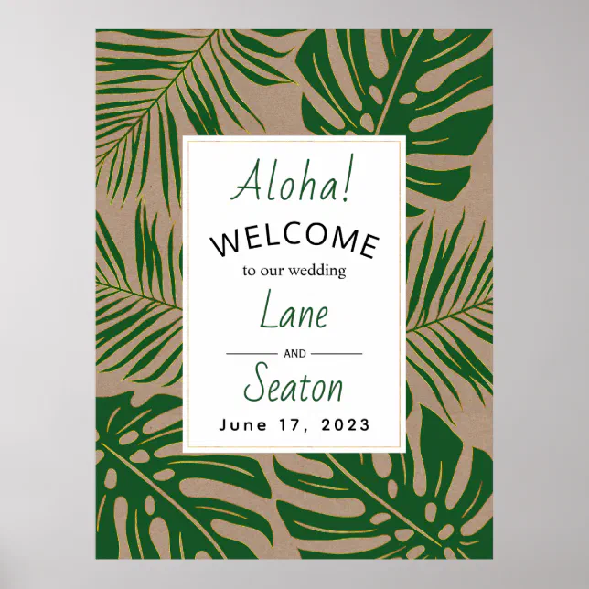 Tropical leaves green, gold wedding welcome sign | Zazzle