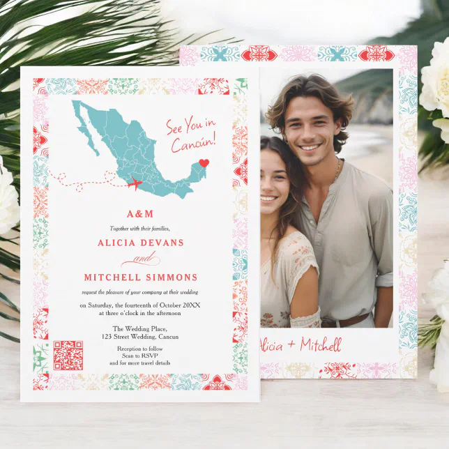 Tropical Mexico map QR destination wedding Invitation | Zazzle