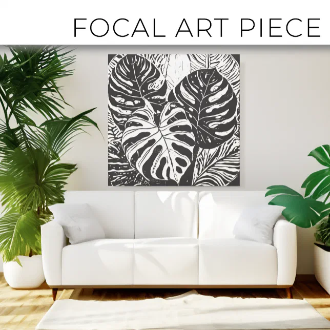 Tropical Monstera Linocut style art Canvas Print | Zazzle