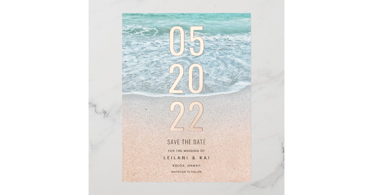 Tropical Ocean & Sandy Beach Save the Date Foil Invitation Postcard ...
