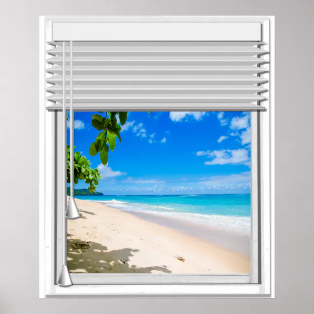 Tropical Ocean View Faux Window With Blinds Poster | Zazzle