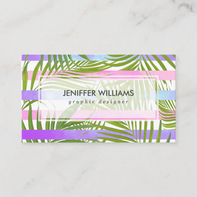 Tropical palm trees modern pink violet stripes business card | Zazzle