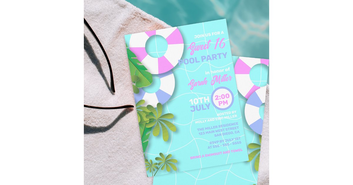 Tropical Summer Sweet 16 Birthday Pool Party Invitation | Zazzle