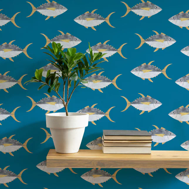 Tuna Fish Nautical Teal Green Art Wallpaper | Zazzle
