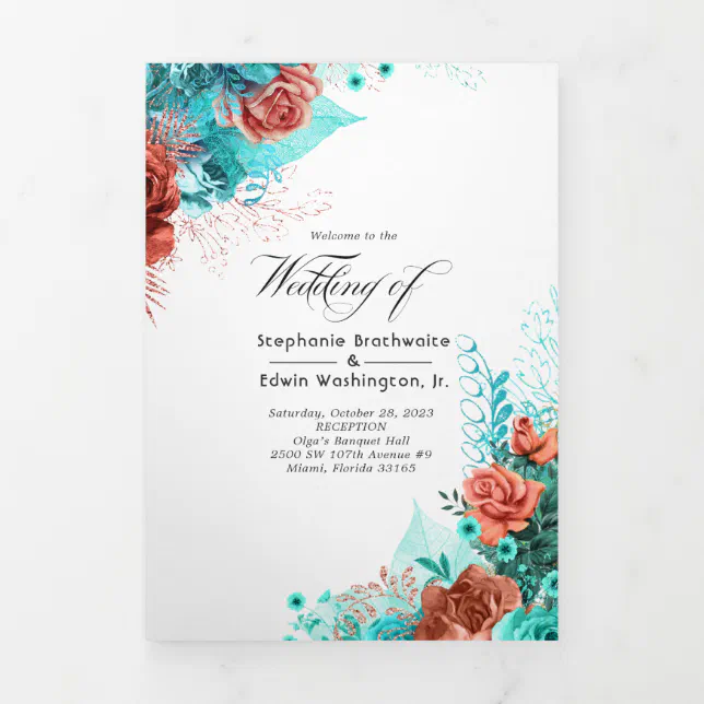 Turquoise and Coral Floral Wedding Program Tri-Fold Invitation | Zazzle