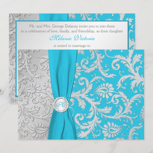 Turquoise and Silver Damask Wedding Invitation | Zazzle
