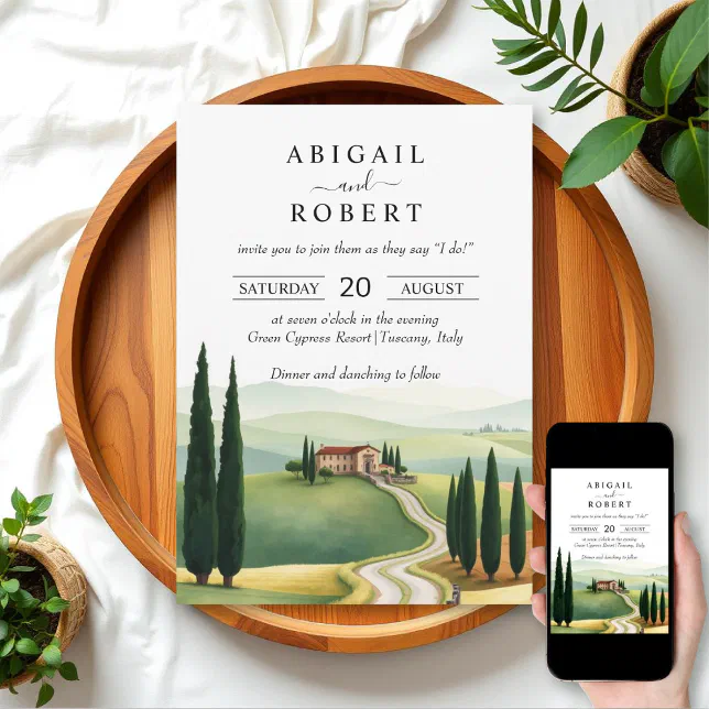 Tuscan landscape with a villa and cypress wedding invitation | Zazzle