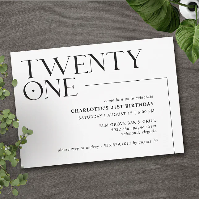 Twenty One | Modern Black and White 21st Birthday Invitation | Zazzle