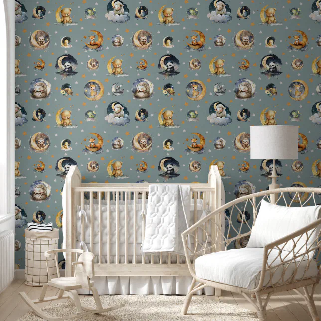 Twinkle Little Star Animal Pattern Boy Baby Wallpaper | Zazzle