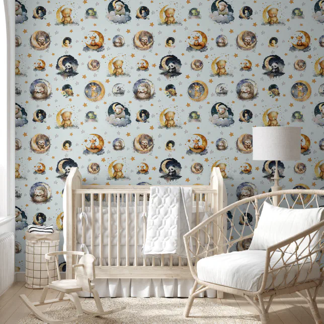 Twinkle Little Star Animal Pattern Boy Baby Wallpaper | Zazzle
