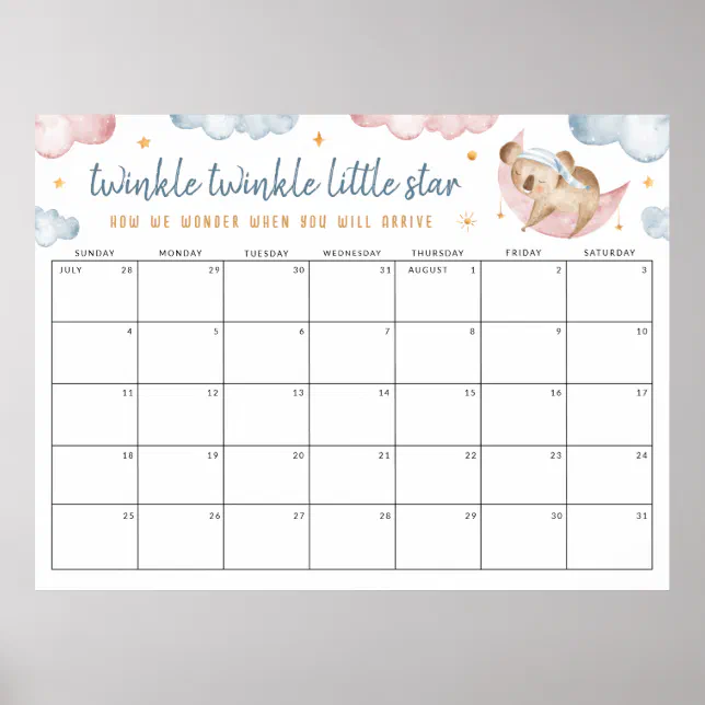 Twinkle Little Star Gender Reveal Guess the date Poster | Zazzle