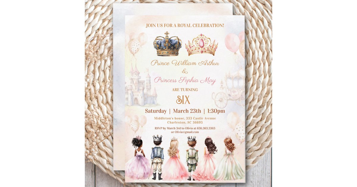 Twins Prince Princess Crown Royal Birthday Invitation | Zazzle