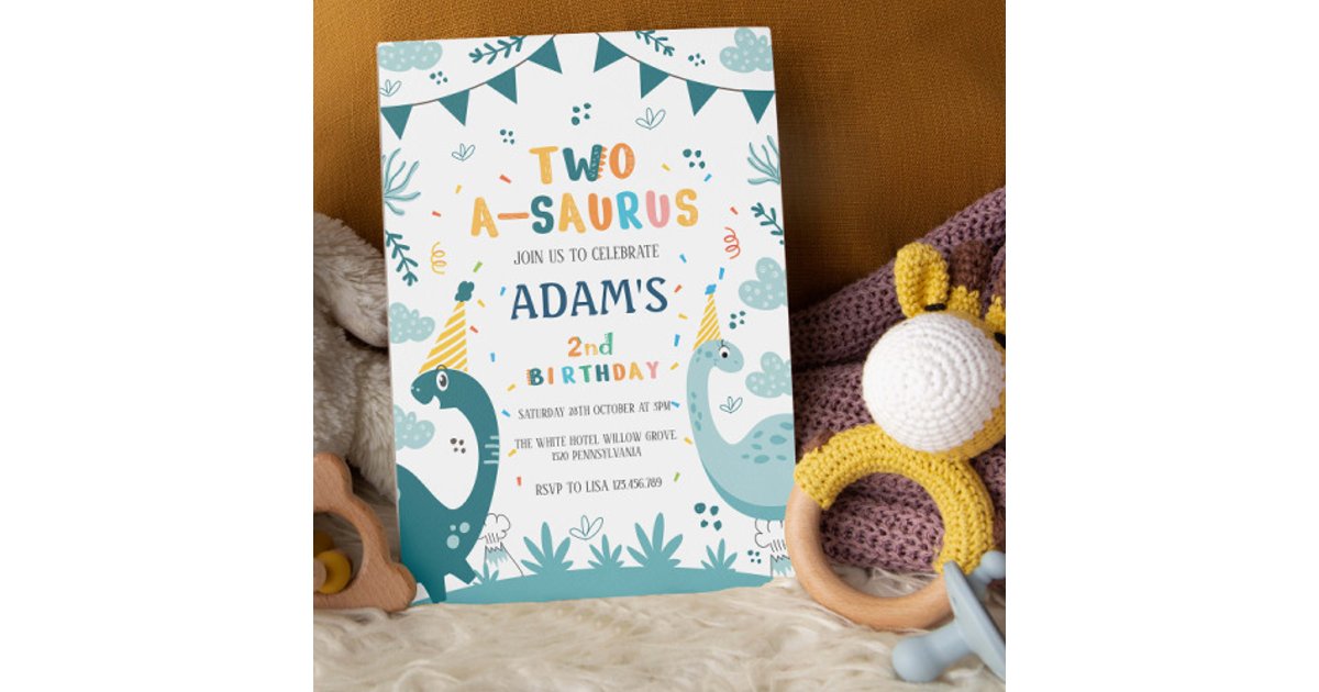 two-a-saurus White 2nd Birthday Green Dinosaur Invitation | Zazzle