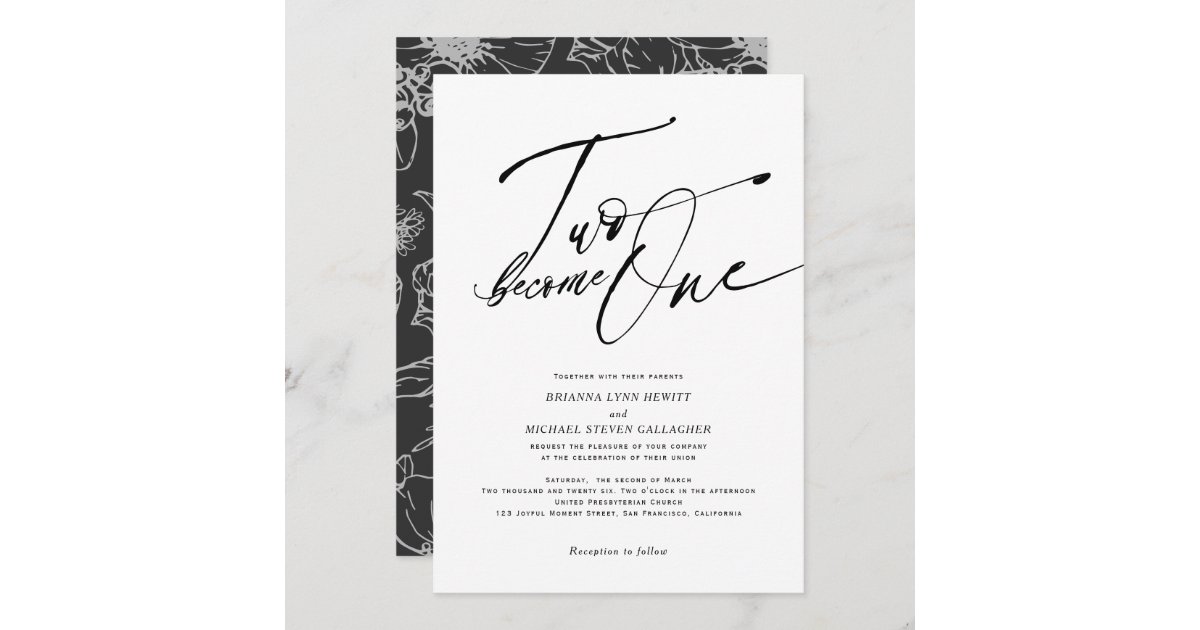 Two become One Modern Calligraphy black and white Invitation | Zazzle