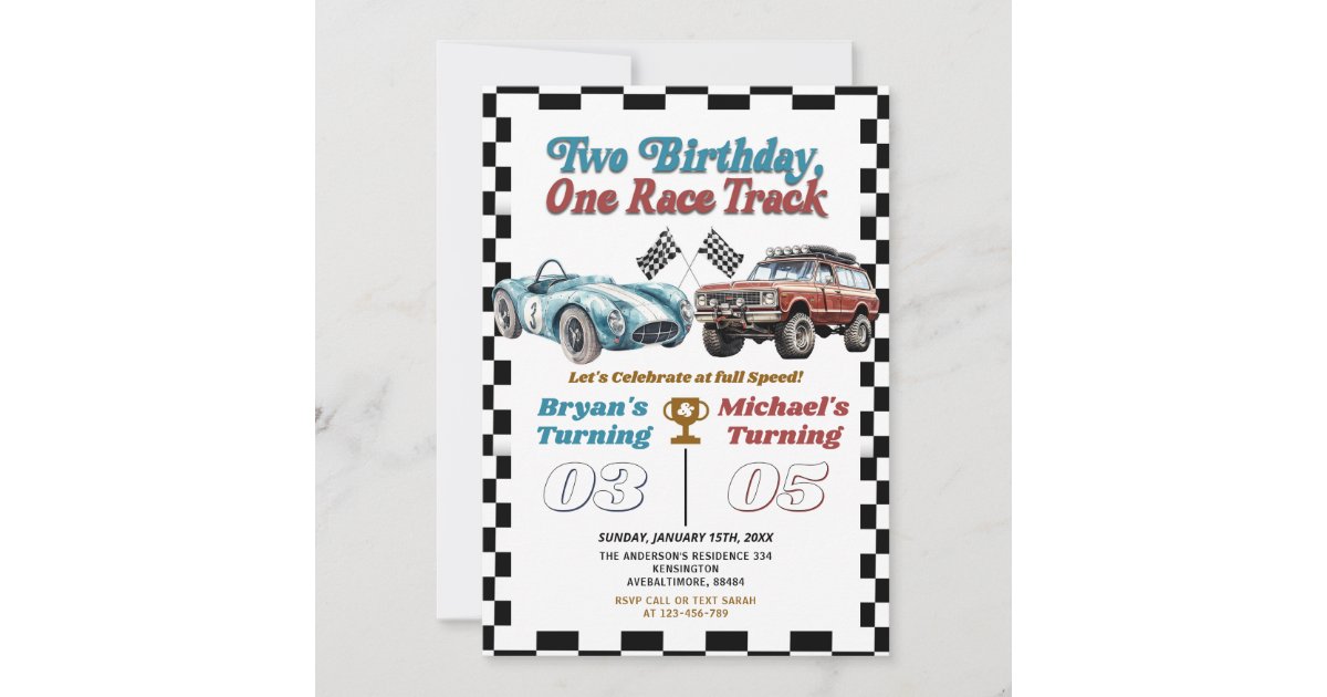 Two Birthday One Race Track Double Cars Birthday Invitation | Zazzle