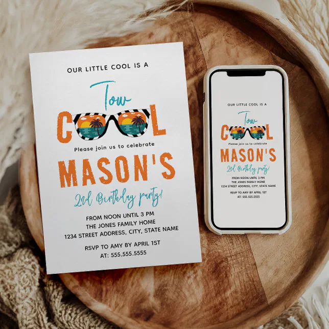 Two Cool Boy 2nd Birthday Party Invitation | Zazzle