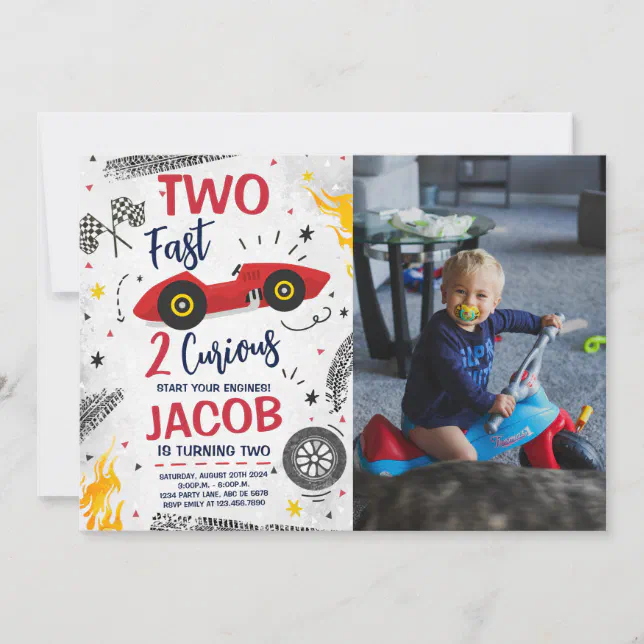 Two Fast 2 Curious Red 2nd Birthday Photo Invitation | Zazzle