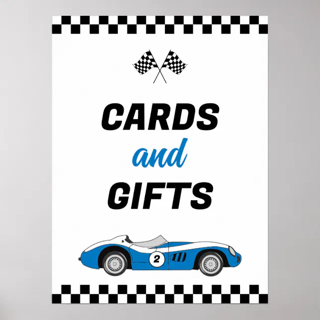 Two Fast Blue Race Car Birthday Cards And Gifts Poster | Zazzle
