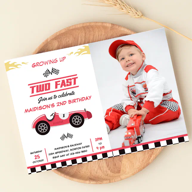 Two Fast Race Car Boy 1st Birthday Party Photo Invitation | Zazzle