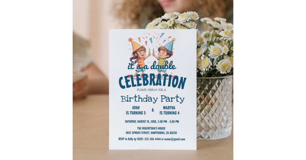 Two Kids And Confetti Double Birthday Party Invitation | Zazzle