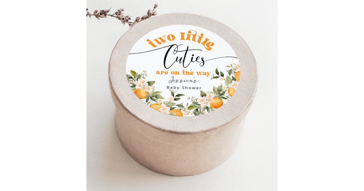 Two little cuties baby shower oranges classic round sticker | Zazzle