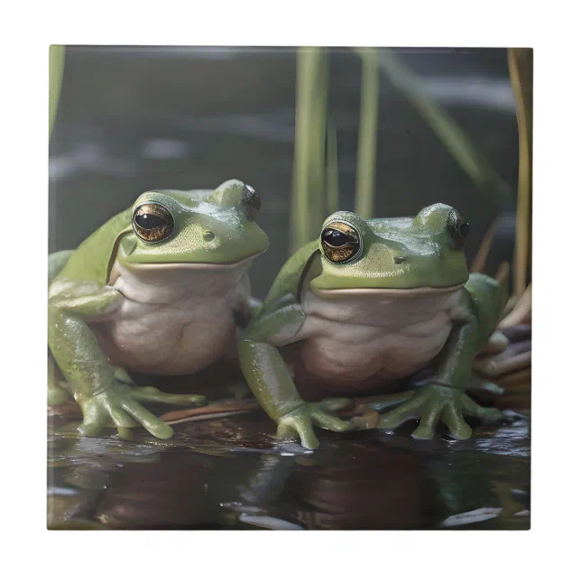 Two Plump Green Frogs At The River, Tile | Zazzle