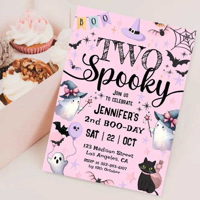 Two Spooky Cute Ghost Pink Halloween 2nd Birthday Invitation | Zazzle