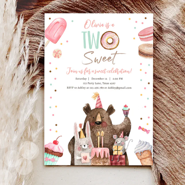 Two Sweet Party Animals Doughnut Girl Second Birth Invitation | Zazzle