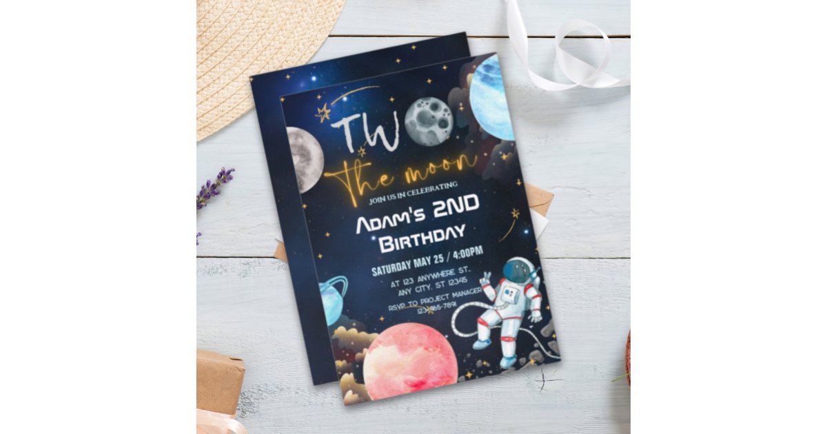 Two The Moon Outer Space Birthday Invitation | Zazzle