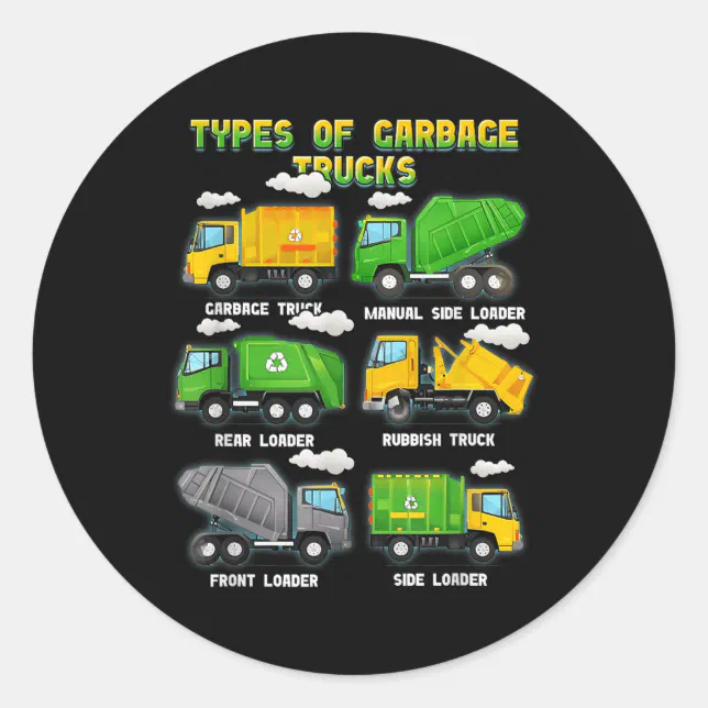 Types Of Garbage Truck Kids Boys Adult Trashtruck Classic Round Sticker ...