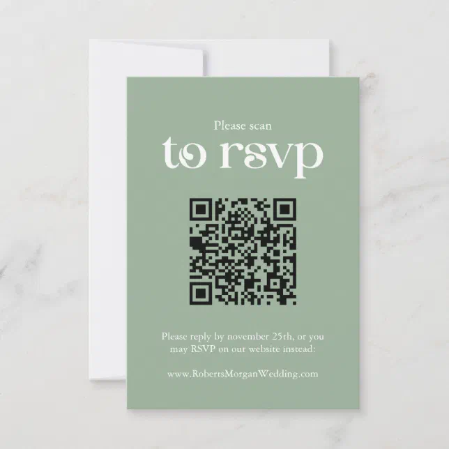 Typography Sage Green QR code Wedding RSVP Card | Zazzle