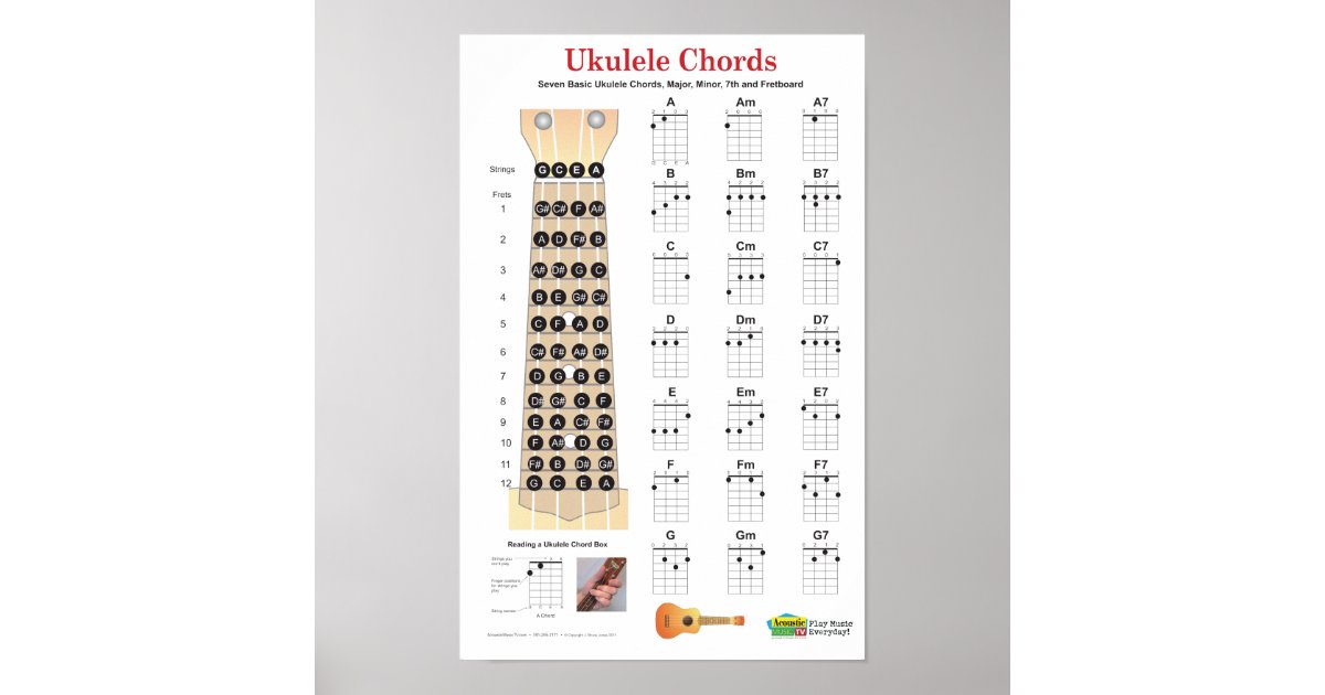 Ukulele Chords Finger Chart and Fretboard Poster | Zazzle