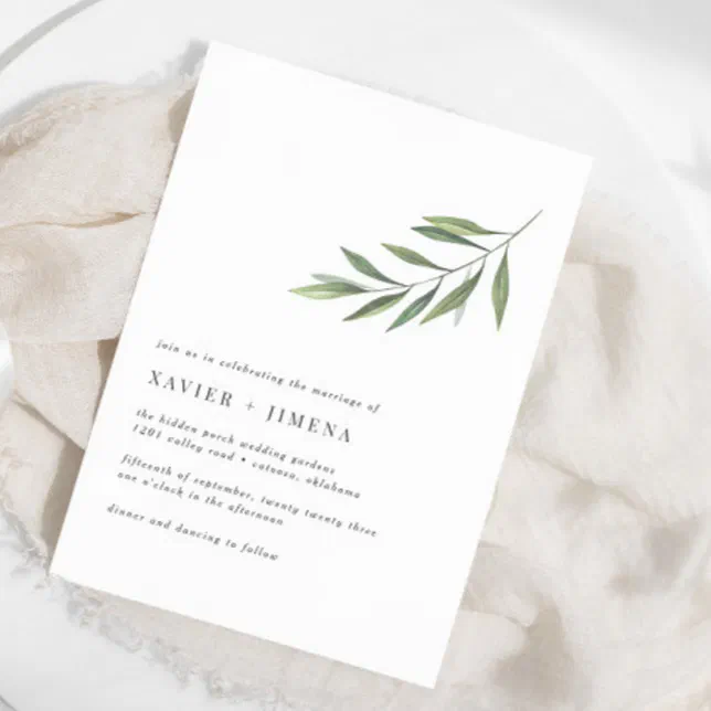 Ultra-Minimal Modern Olive Branch Wedding Invitation | Zazzle