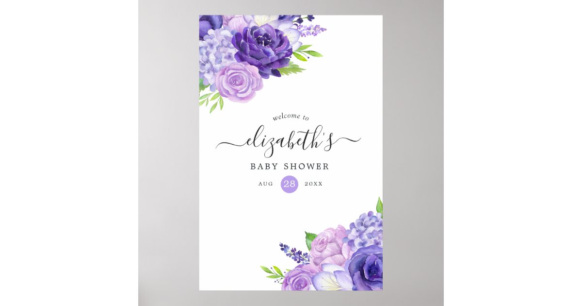 Ultra Violet Watercolor Floral Baby Shower Welcome Poster | Zazzle