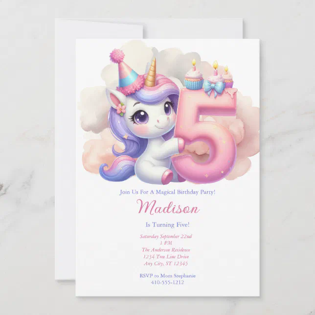Unicorn 5th Fifth Pink Blue Purple Girl Birthday Invitation | Zazzle