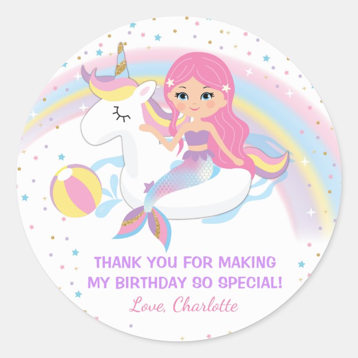 Unicorn Mermaid Pool Birthday Stickers | Zazzle