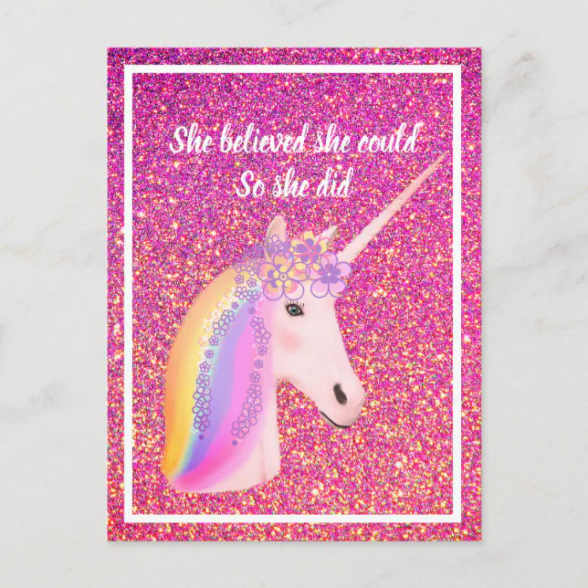 Unicorn Pink Glitter Inspirational She Believed Postcard | Zazzle
