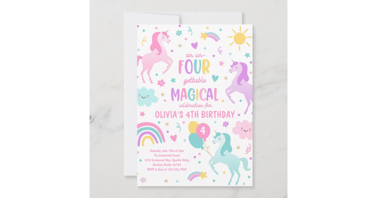 Unicorn Un-Four-Gettable 4th Party Birthday Party Invitation | Zazzle