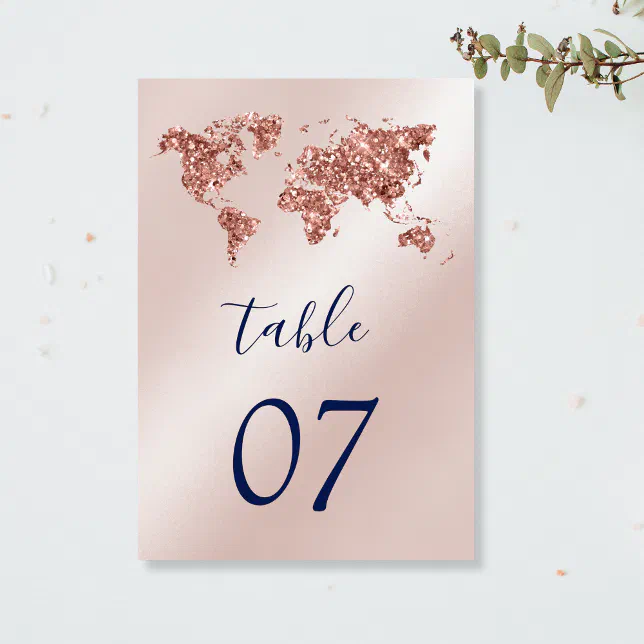 Unique Destination Wedding Rose Gold World Map Table Number | Zazzle