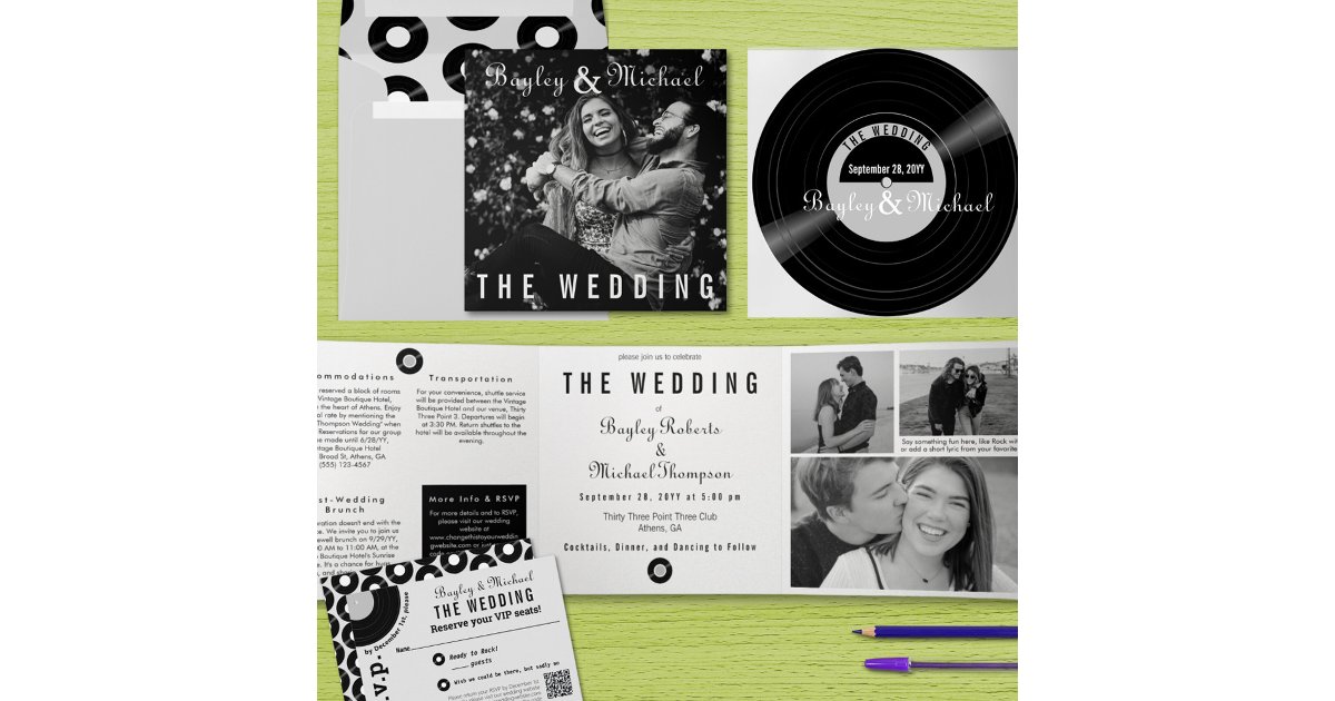Unique Record Album Cover B&W Photo Wedding Tri-Fold Invitation | Zazzle