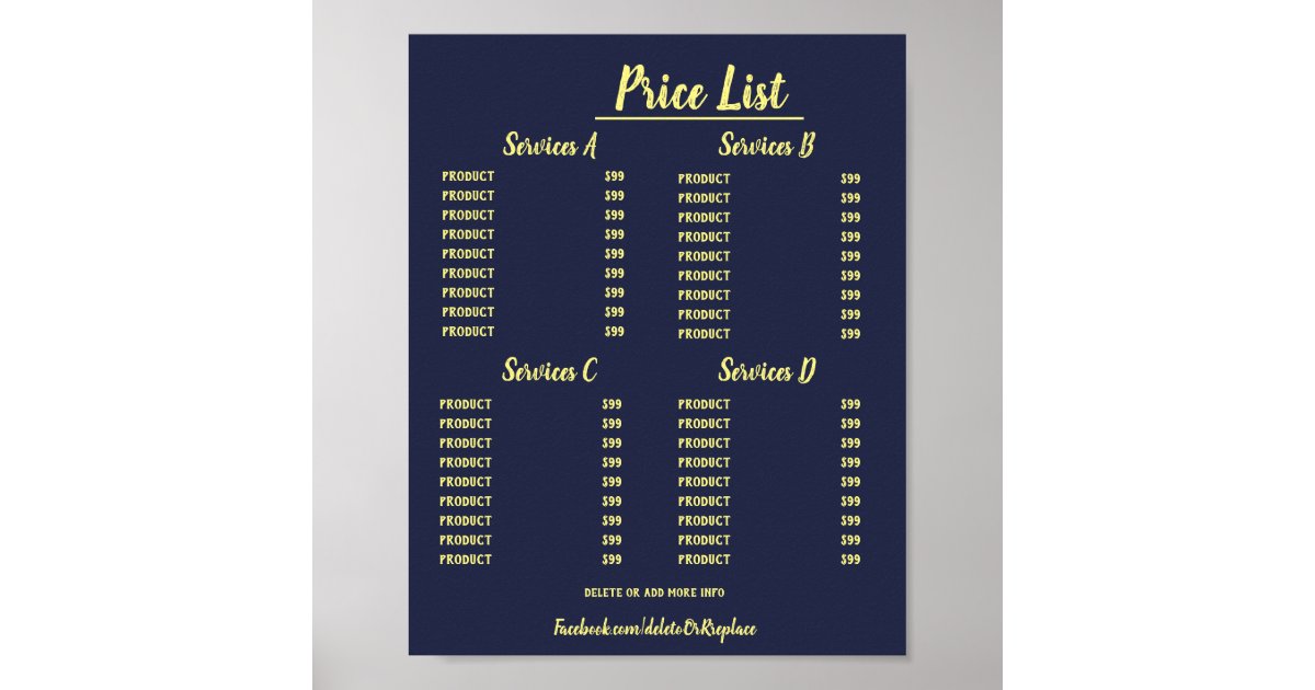 Universal customisable price list. poster | Zazzle